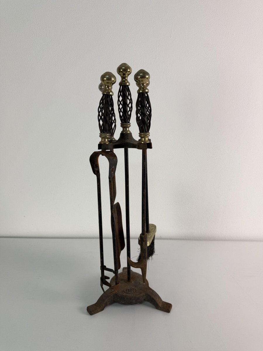 Brass and Iron Fireplace Set, 1960s, Set of 5 for sale at Pamono