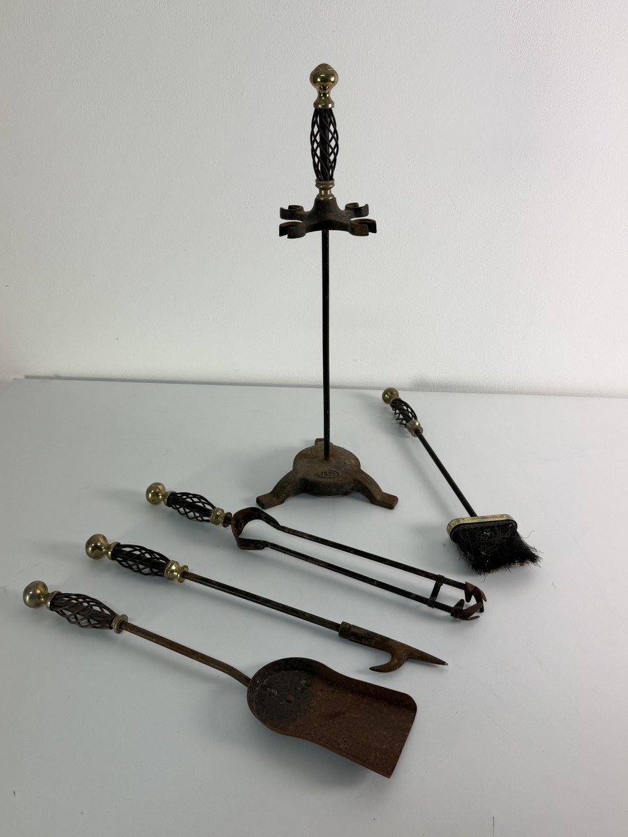 Brass and Iron Fireplace Set, 1960s, Set of 5 for sale at Pamono