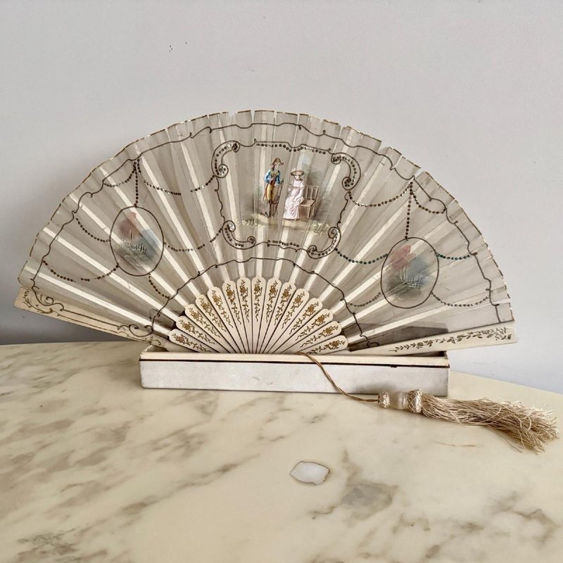 Antique Fan with Hand-Painted Romantic Decoration, 1800s for sale at Pamono