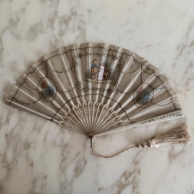 Antique Fan with Hand-Painted Romantic Decoration, 1800s for sale at Pamono