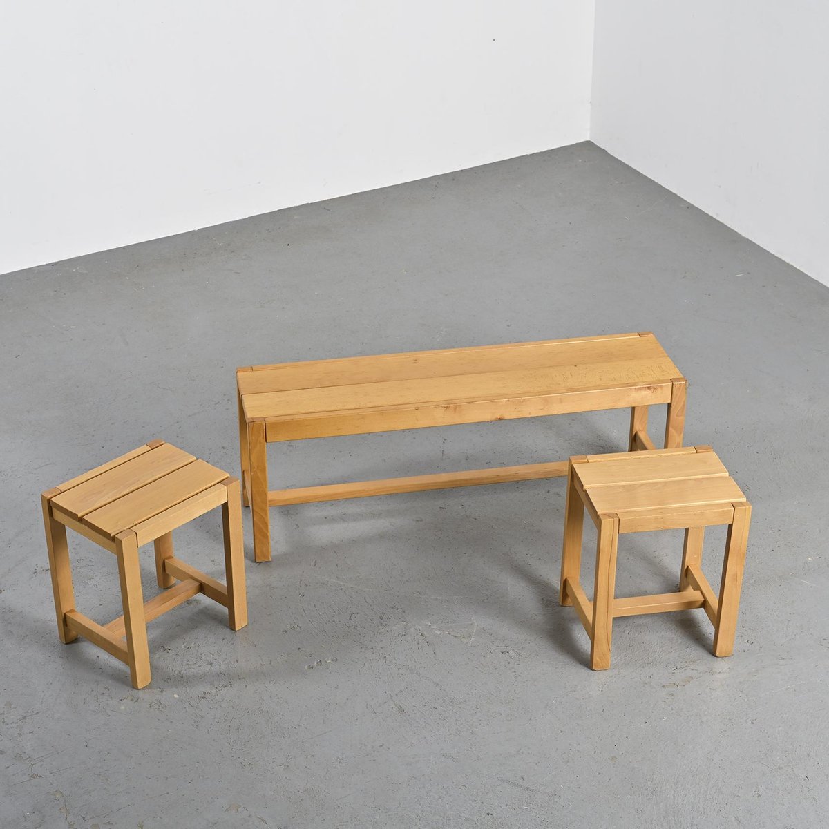 Vintage French Bench and Elm Stools, 1980, Set of 3 for sale at Pamono