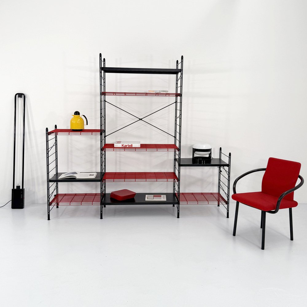 Vintage Black and Red Bookshelf in Metal, 1980s for sale at Pamono