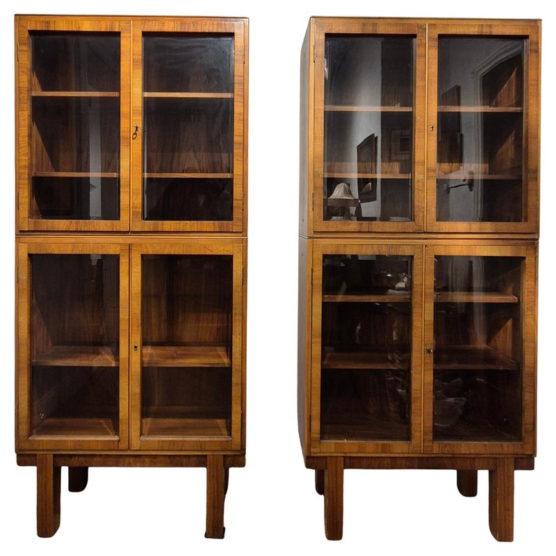 Vintage German Bookcases in Walnut from Brumax, 1930s, Set of 2 for ...