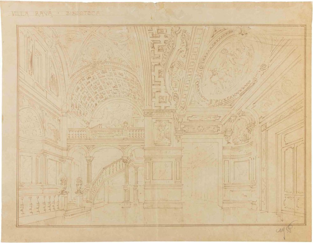 Marcello Piacentini, Villa Ravà, Sketch for a Library, Ink Drawing ...