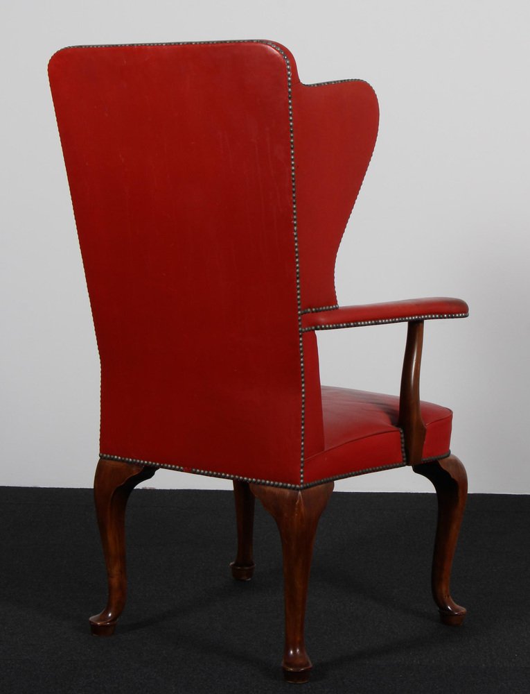Sedia Wingback in pelle rossa patinata di Frits Henningsen, anni '40 in ...