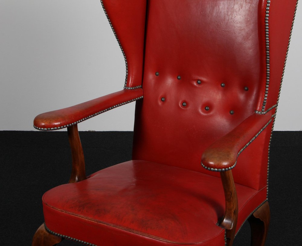 Sedia Wingback in pelle rossa patinata di Frits Henningsen, anni '40 in ...