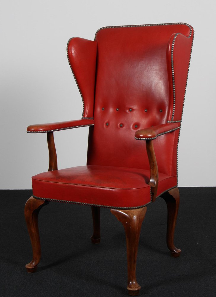 Sedia Wingback in pelle rossa patinata di Frits Henningsen, anni '40 in ...