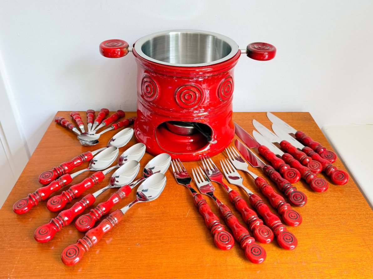 Vintage Tirol Cutlery Set and Fondue Pot in Red Ceramic and Stainless ...