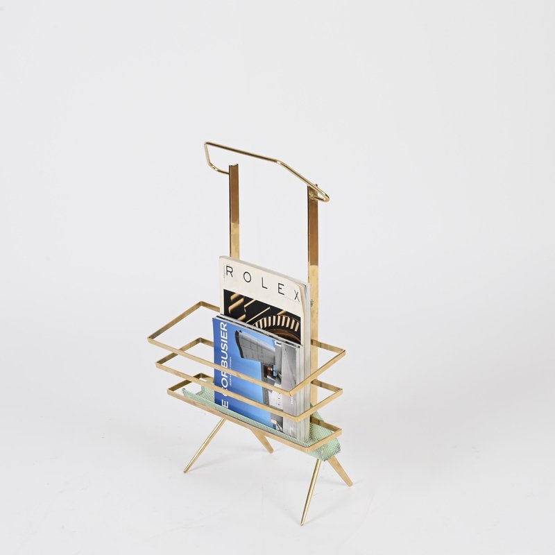 Brass and Perforated Green Metal Magazine Rack attributed to Cesare ...
