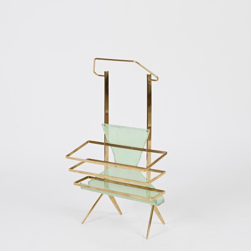 Brass and Perforated Green Metal Magazine Rack attributed to Cesare ...