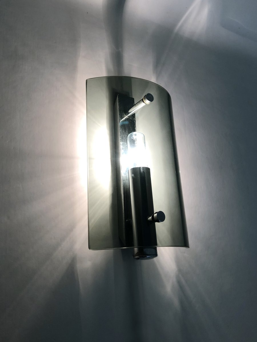 Vintage Italian Wall Lights in Bluish Smoked Glass and Chrome, 1970s ...
