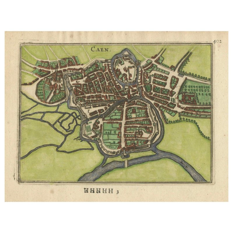 Antique Hand-Coloured Normandy Town of Caen Map Engraving, 1666 for ...