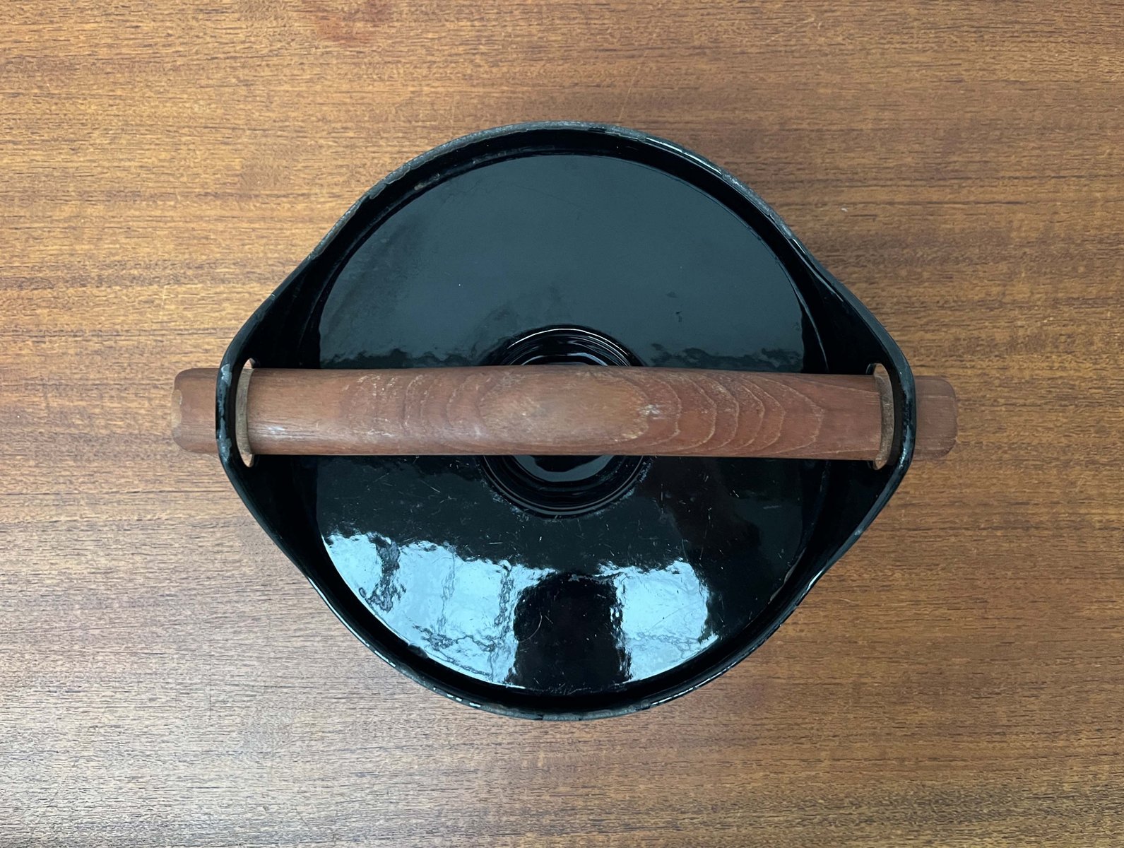 Mid-Century Modern Black Enamel Cast Iron Pot with Teak Handle by Timo ...
