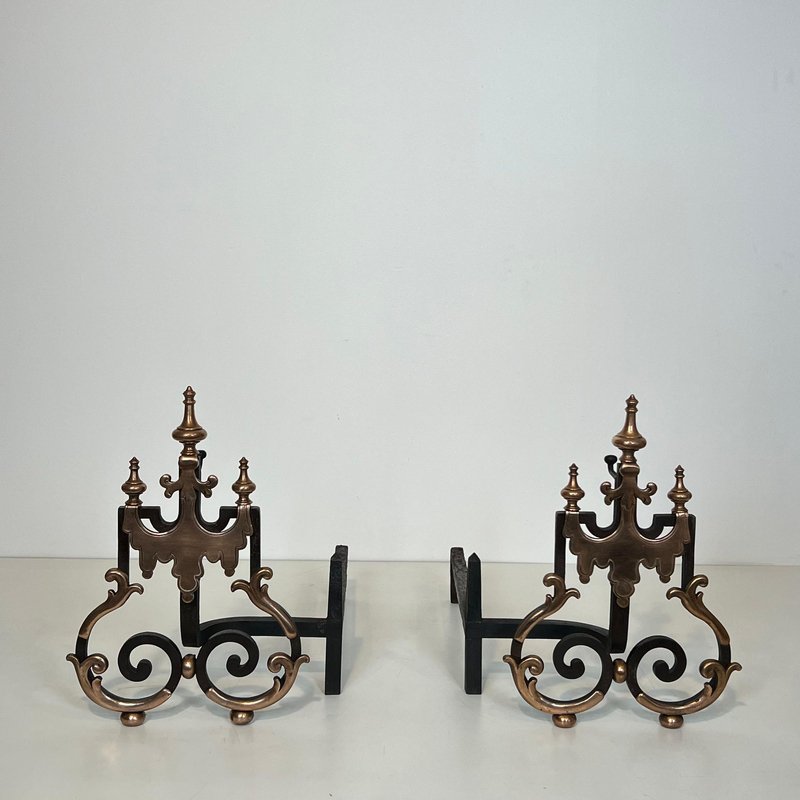 Wrought Iron and Copper Andirons, 1890s, Set of 2 for sale at Pamono