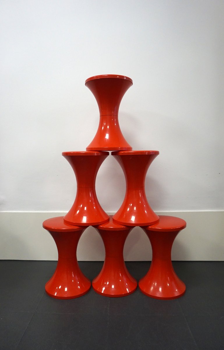 Red Stools, 1970s, Set of 4 for sale at Pamono