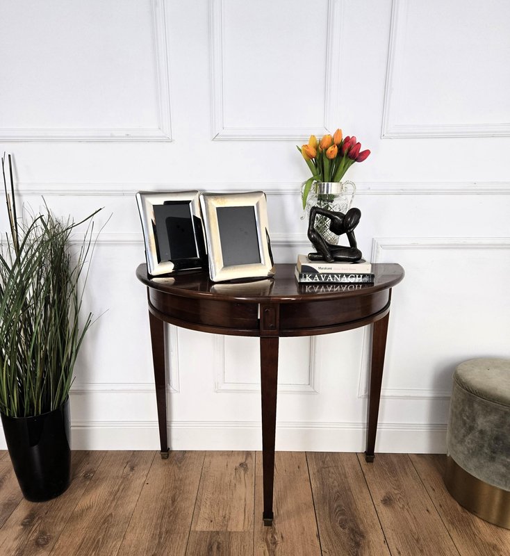 Mid-Century Italian Demi Lune Wall Console in Wood with Hidden Drawers ...