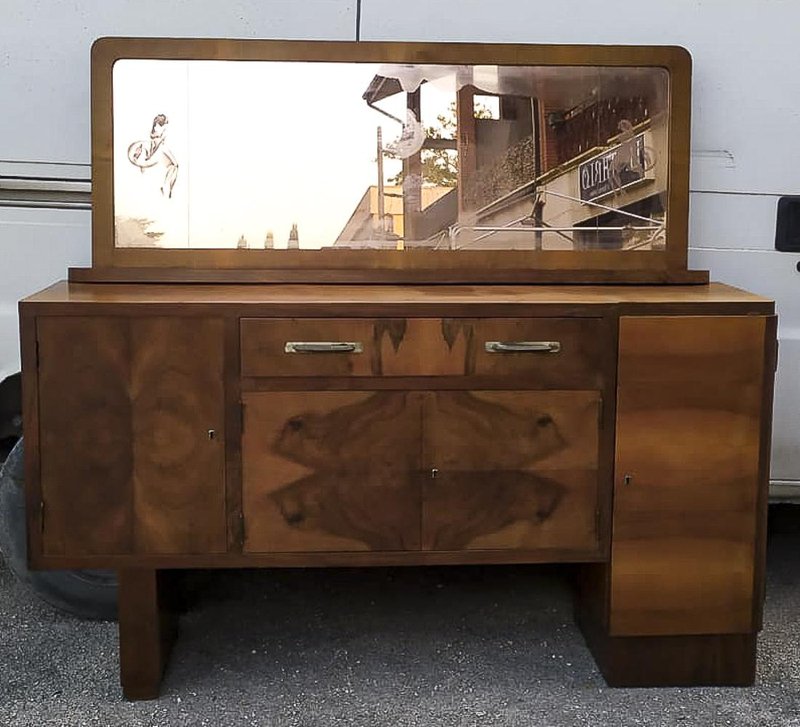 Italian Art Deco Credenza with Walnut Veneered Mirror for sale at Pamono