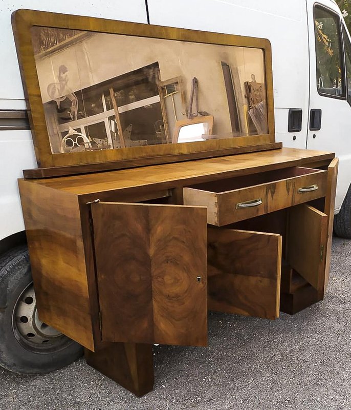 Italian Art Deco Credenza with Walnut Veneered Mirror for sale at Pamono