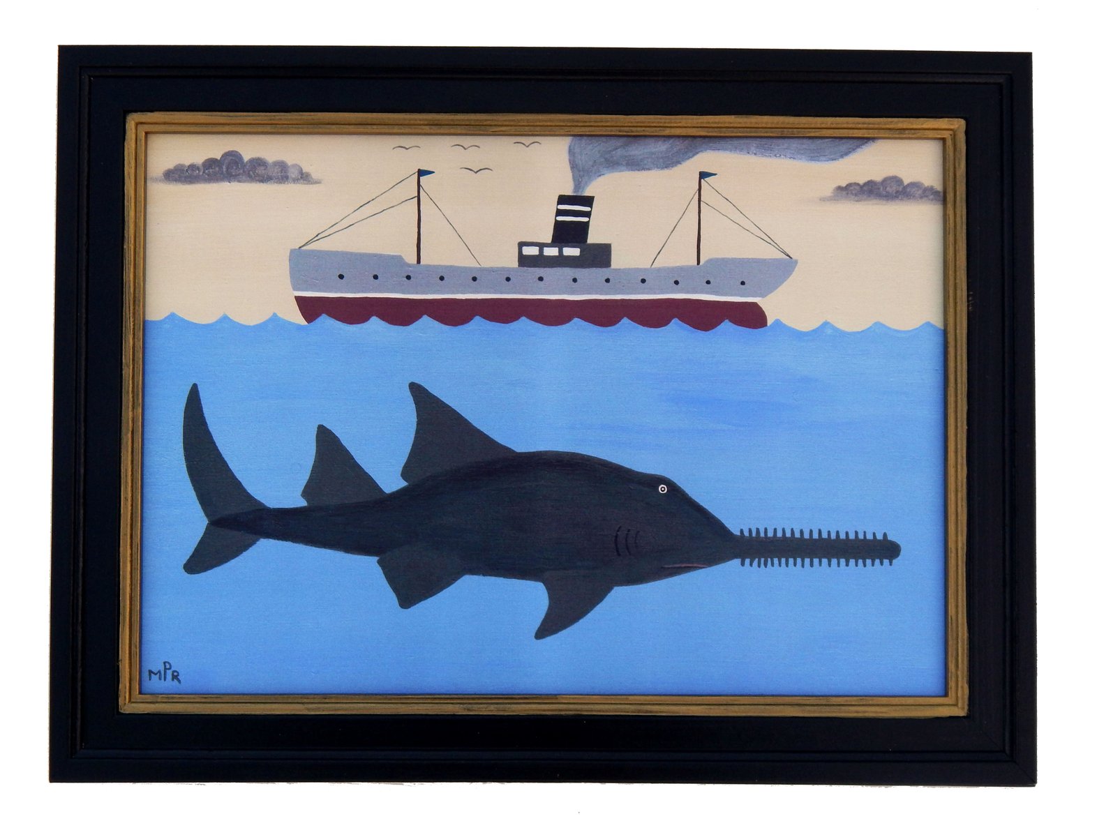 Matt Rix, Naïve Style Maritime Scene with Sawfish and Steamship, Print ...