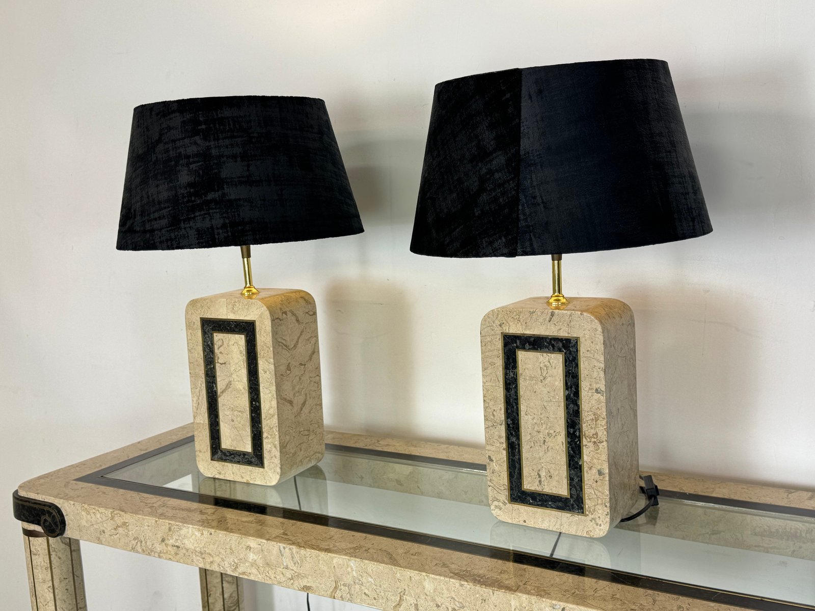Vintage Italian Style Table Lamps in Travertine Marquetry with Brass ...