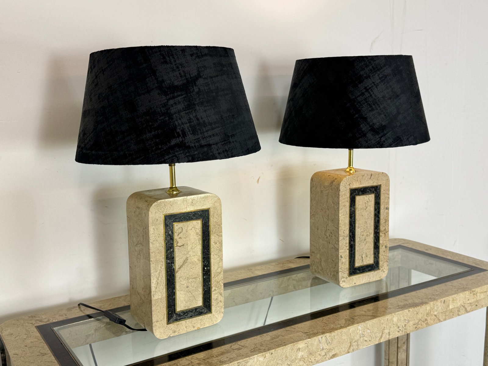 Vintage Italian Style Table Lamps in Travertine Marquetry with Brass ...