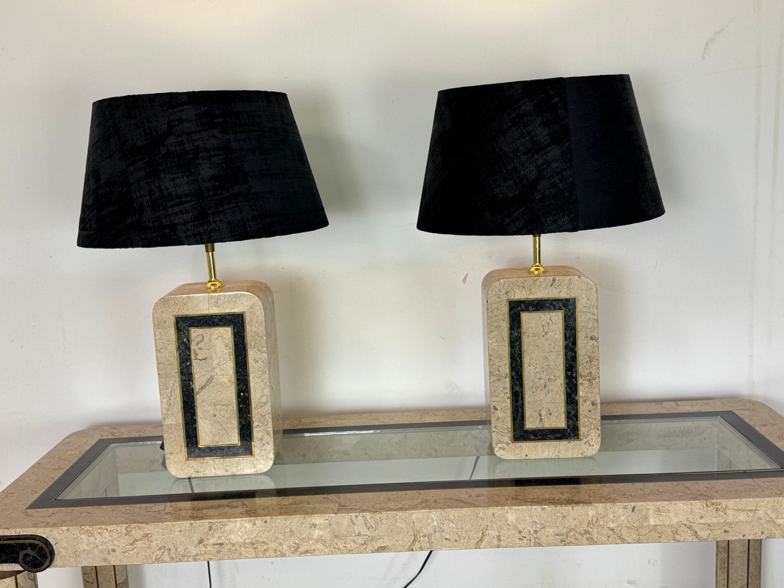 Vintage Italian Style Table Lamps in Travertine Marquetry with Brass ...