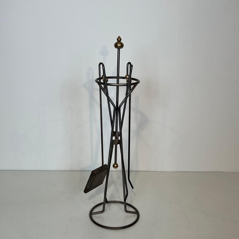 Fire Kit in Brushed Steel and Brass, 1970s, Set of 5 for sale at Pamono
