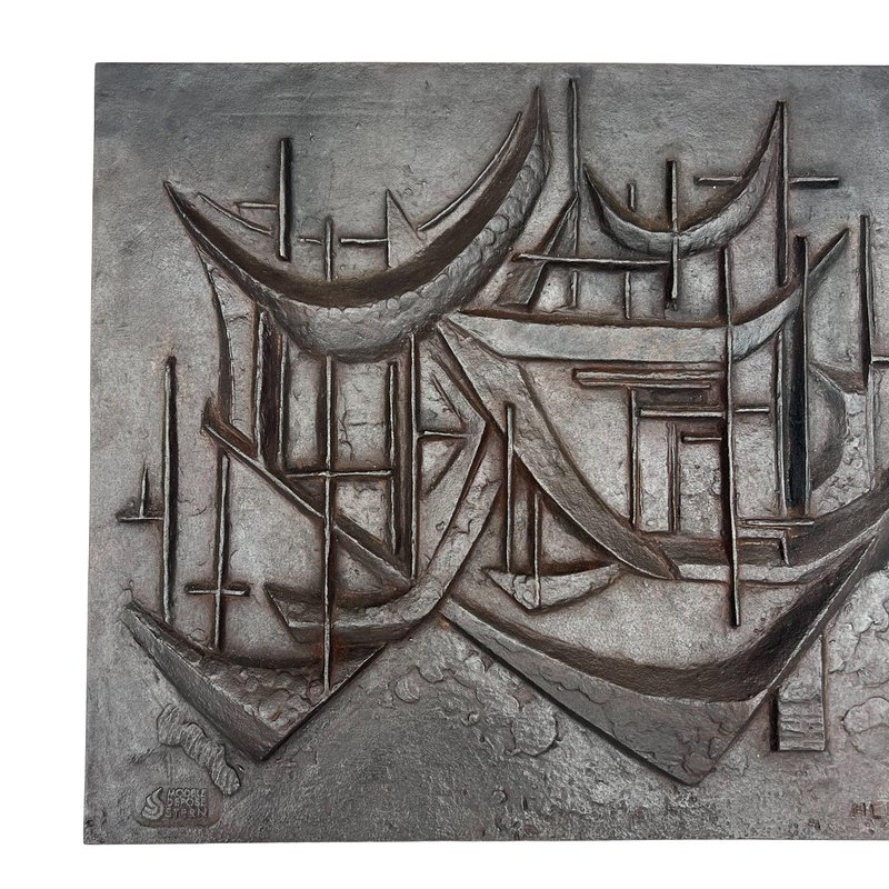 Modernist Cast Iron Fireback with Sailboats, 1970s for sale at Pamono