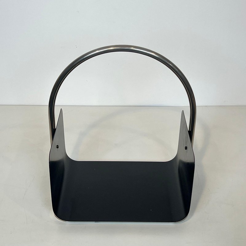 Log Holder in Black and Chrome Lacquered Metal, 1970s for sale at Pamono