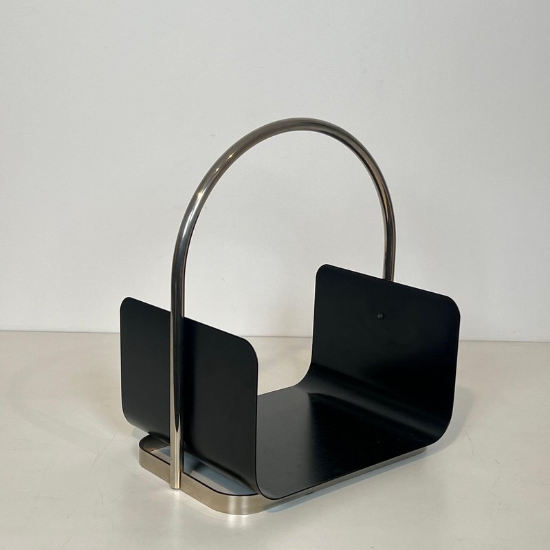 Log Holder in Black and Chrome Lacquered Metal, 1970s for sale at Pamono