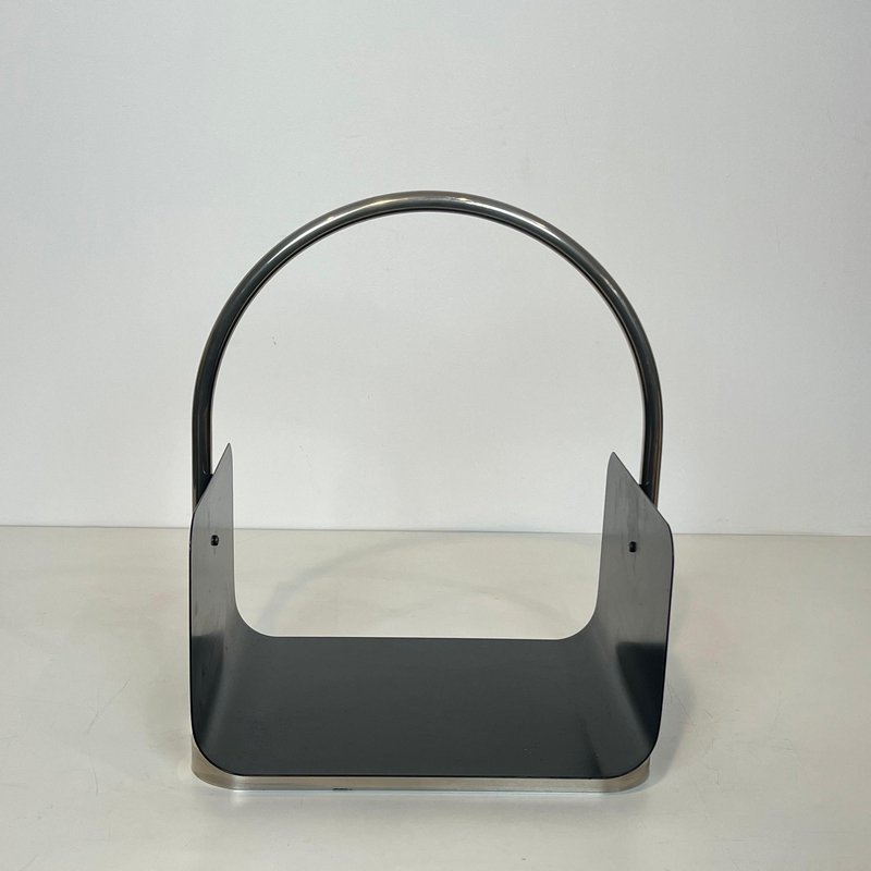 Log Holder in Black and Chrome Lacquered Metal, 1970s for sale at Pamono
