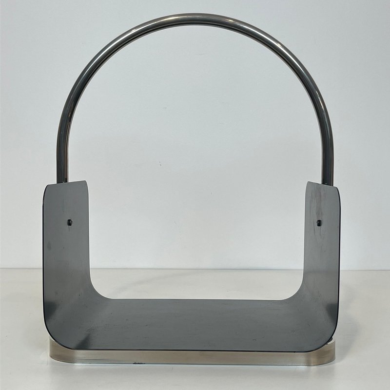 Log Holder in Black and Chrome Lacquered Metal, 1970s for sale at Pamono