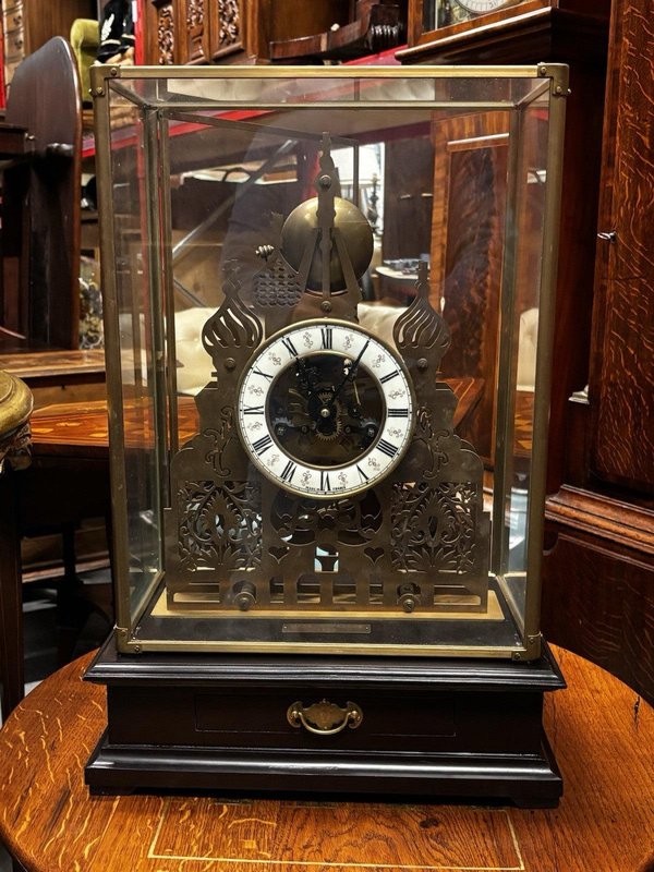 Large Architectural Brass Cathedral Skeleton Clock with Case and Key ...