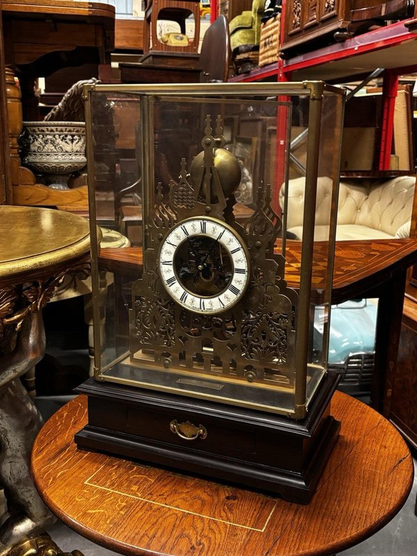 Large Architectural Brass Cathedral Skeleton Clock with Case and Key ...