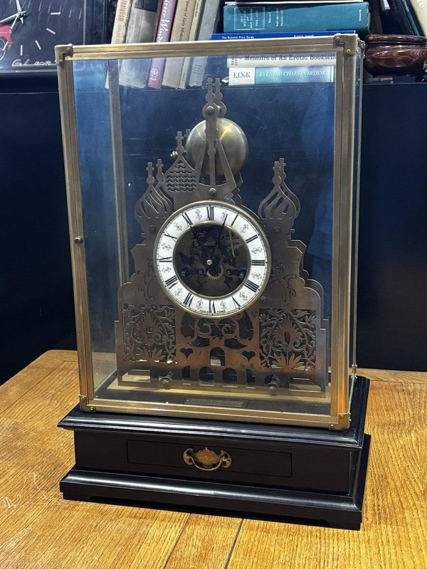Large Architectural Brass Cathedral Skeleton Clock with Case and Key ...