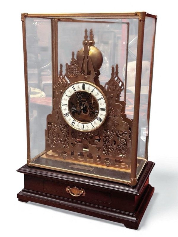 Large Architectural Brass Cathedral Skeleton Clock with Case and Key ...