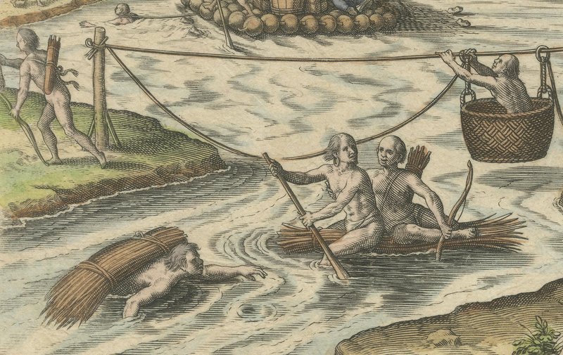 River Crossing by Indigenous People with Rafts and Canoes, 1594, Paper ...