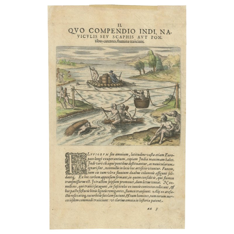 River Crossing by Indigenous People with Rafts and Canoes, 1594, Paper ...