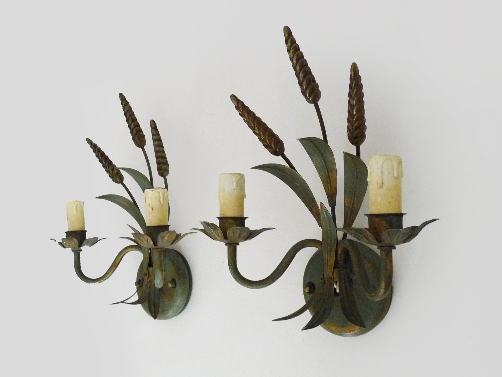Antique Wheat Sheaf Wall Sconces in Gold and Green Metal, 1980s, Set of ...