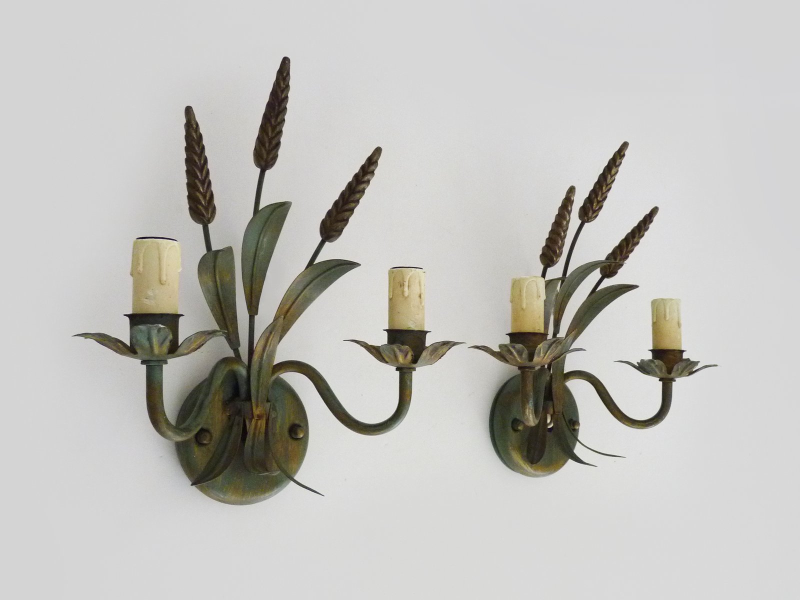 Antique Wheat Sheaf Wall Sconces in Gold and Green Metal, 1980s, Set of ...