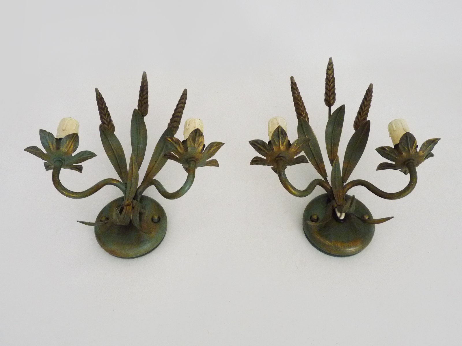 Antique Wheat Sheaf Wall Sconces in Gold and Green Metal, 1980s, Set of ...