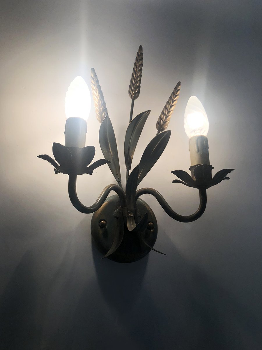 Antique Wheat Sheaf Wall Sconces in Gold and Green Metal, 1980s, Set of ...