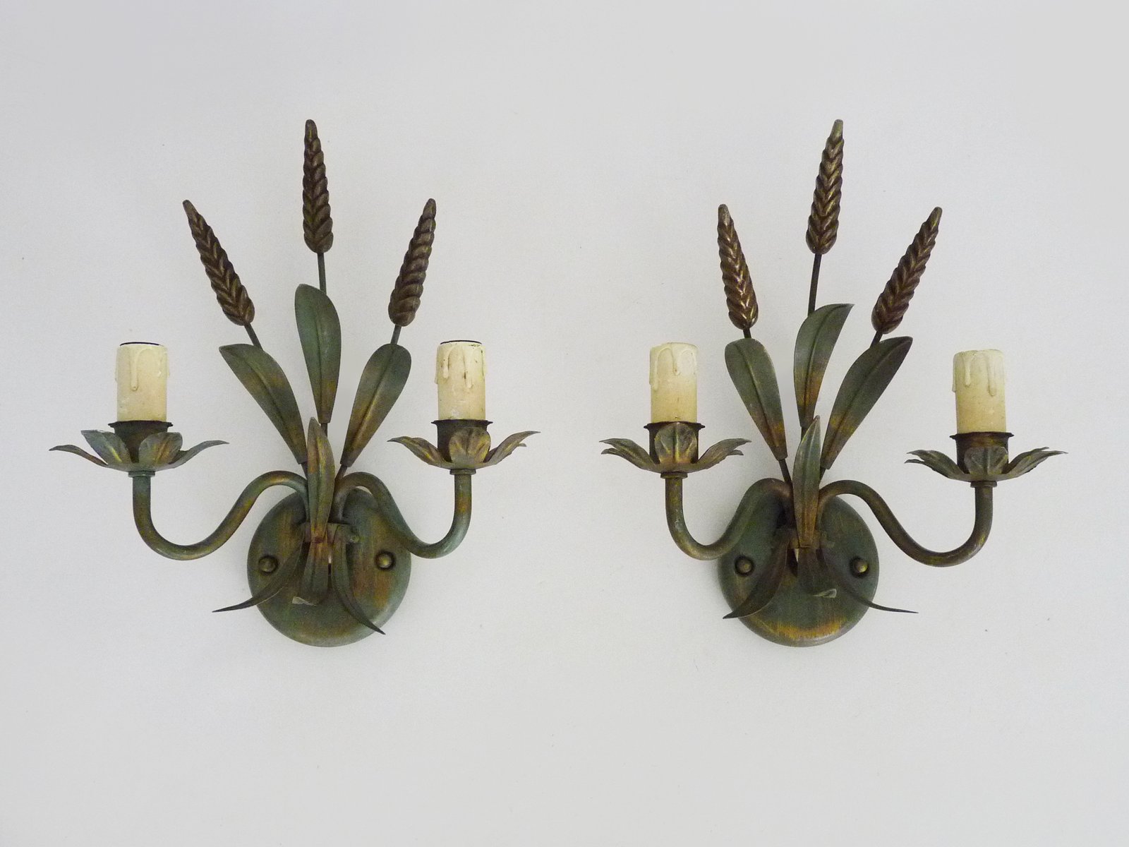 Antique Wheat Sheaf Wall Sconces in Gold and Green Metal, 1980s, Set of ...