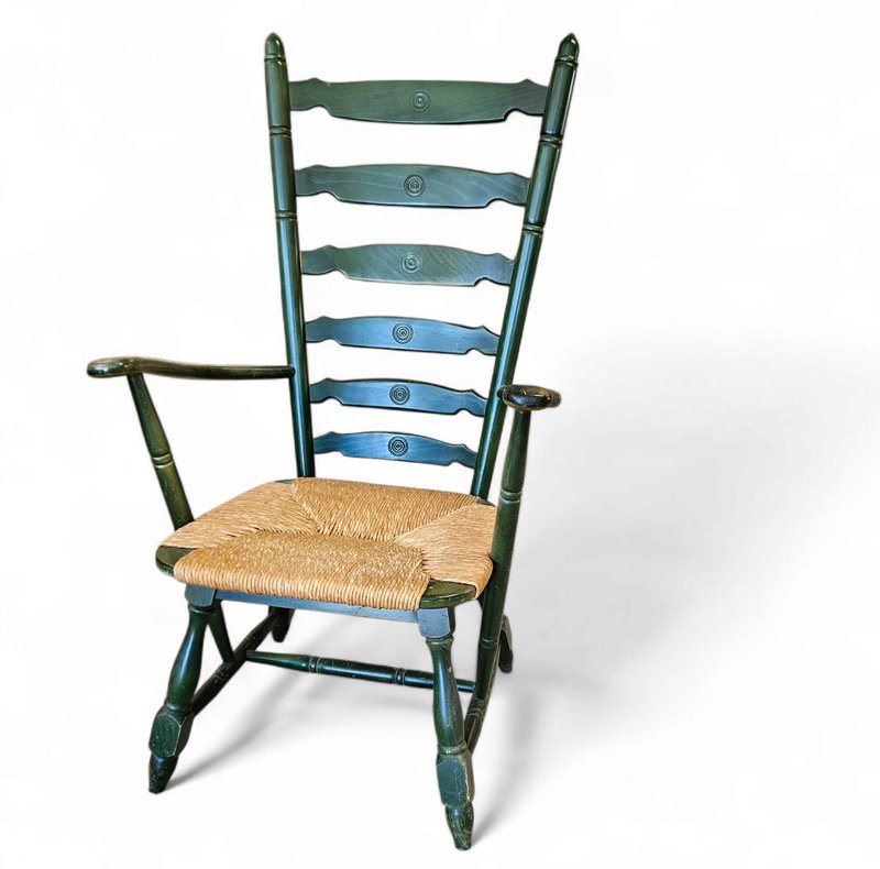 Vintage High Back Ladder Chair in Green Wood with Rush Seat for sale at ...
