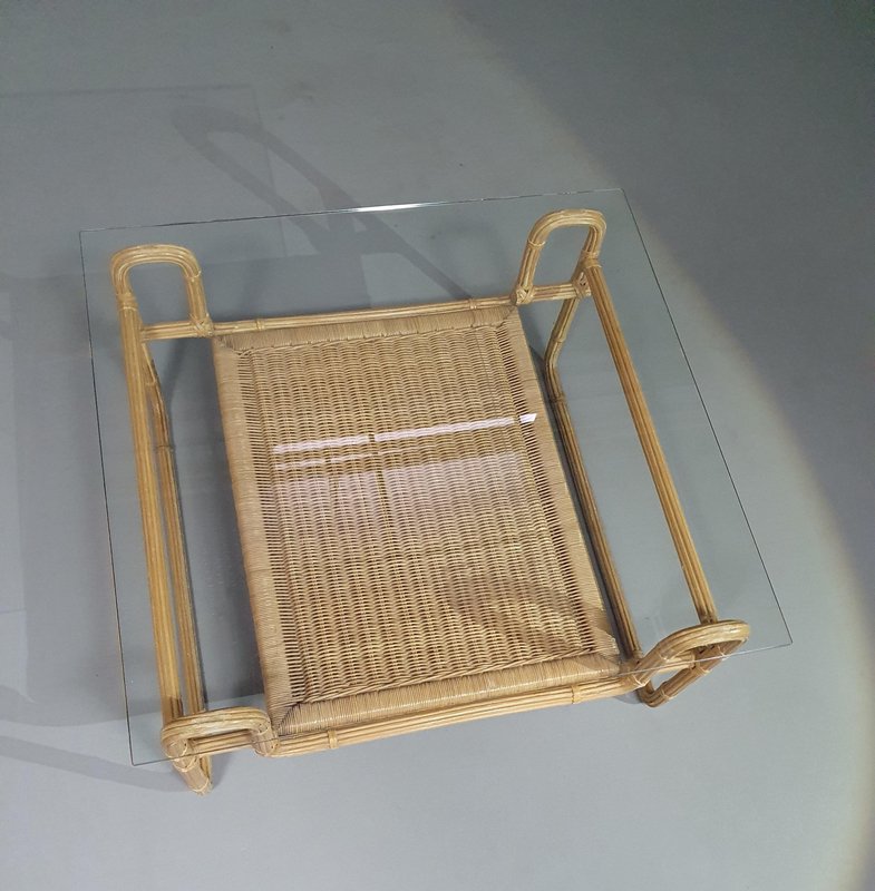 Mid-Century Iron, Pencil Reed and Glass Coffee Table for sale at Pamono