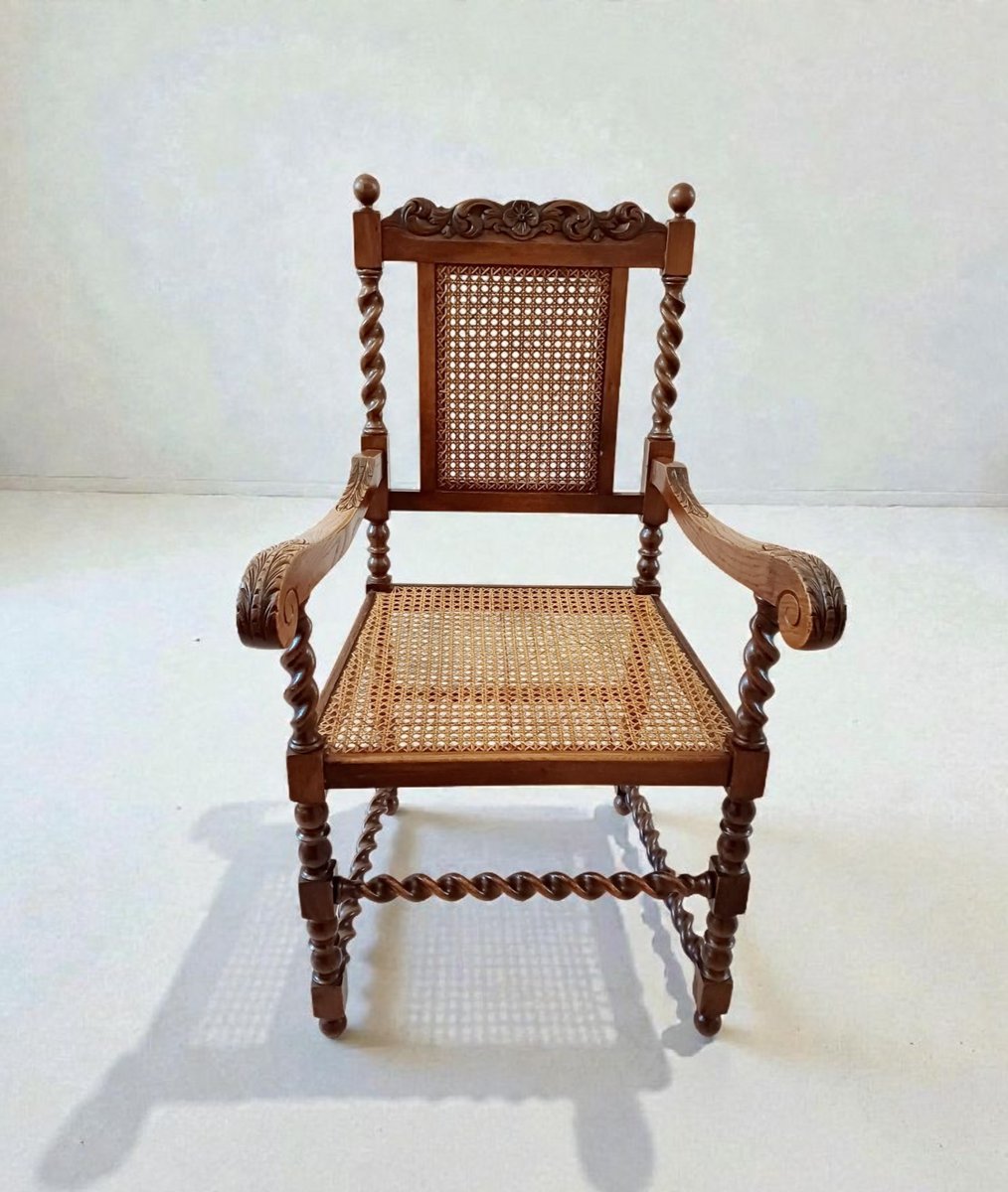 Antique Victorian Walnut Barley Twist Library Armchair with Cane Seat ...