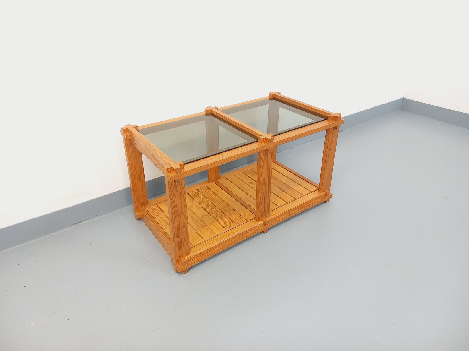 Vintage Rectangular Coffee Table in Pine and Smoked Glass, 1970s for ...