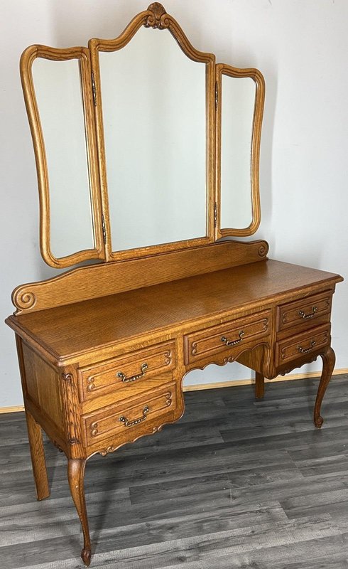 Vintage French Louis Style Oak Dressing Table with Mirror for sale at ...