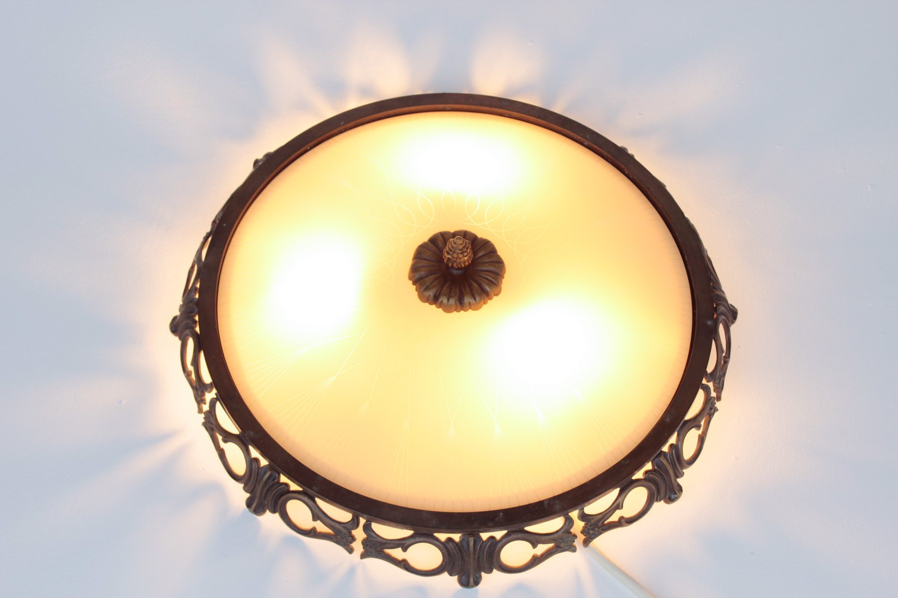 Large Art Deco Recessed Light Fixture in Brass and Glass, 1950s for ...