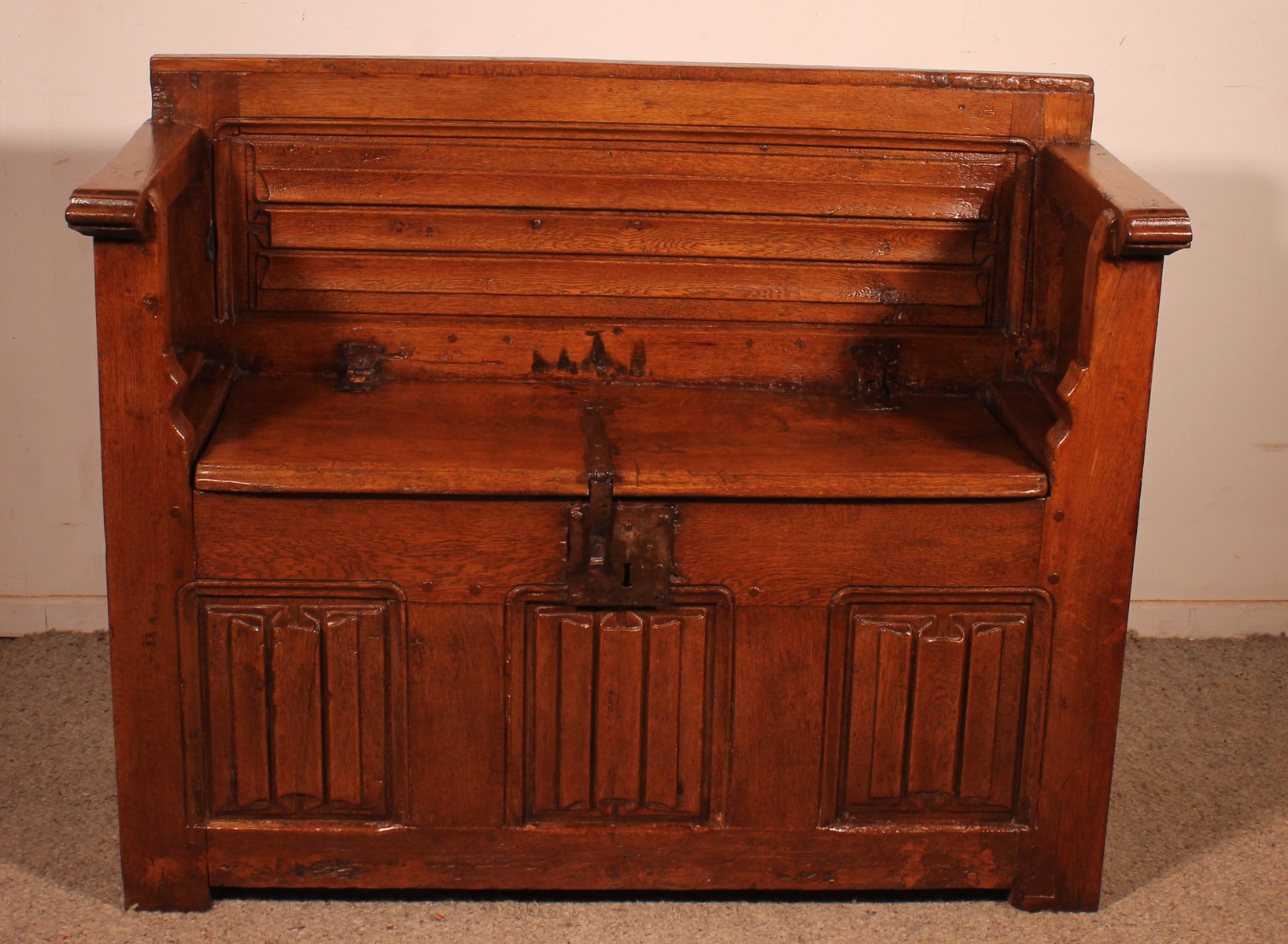 Gothic Style Oak Bench with Built-in Panels for sale at Pamono